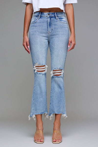 [HAPPI] Medium Wash Knee Distressed Frayed Hem Cropped Flare – HIDDEN JEANS