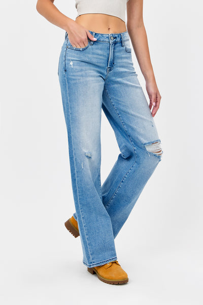 [Logan] Medium Wash Mid Rise Distressed 33" Inseam Dad Jean – HIDDEN JEANS